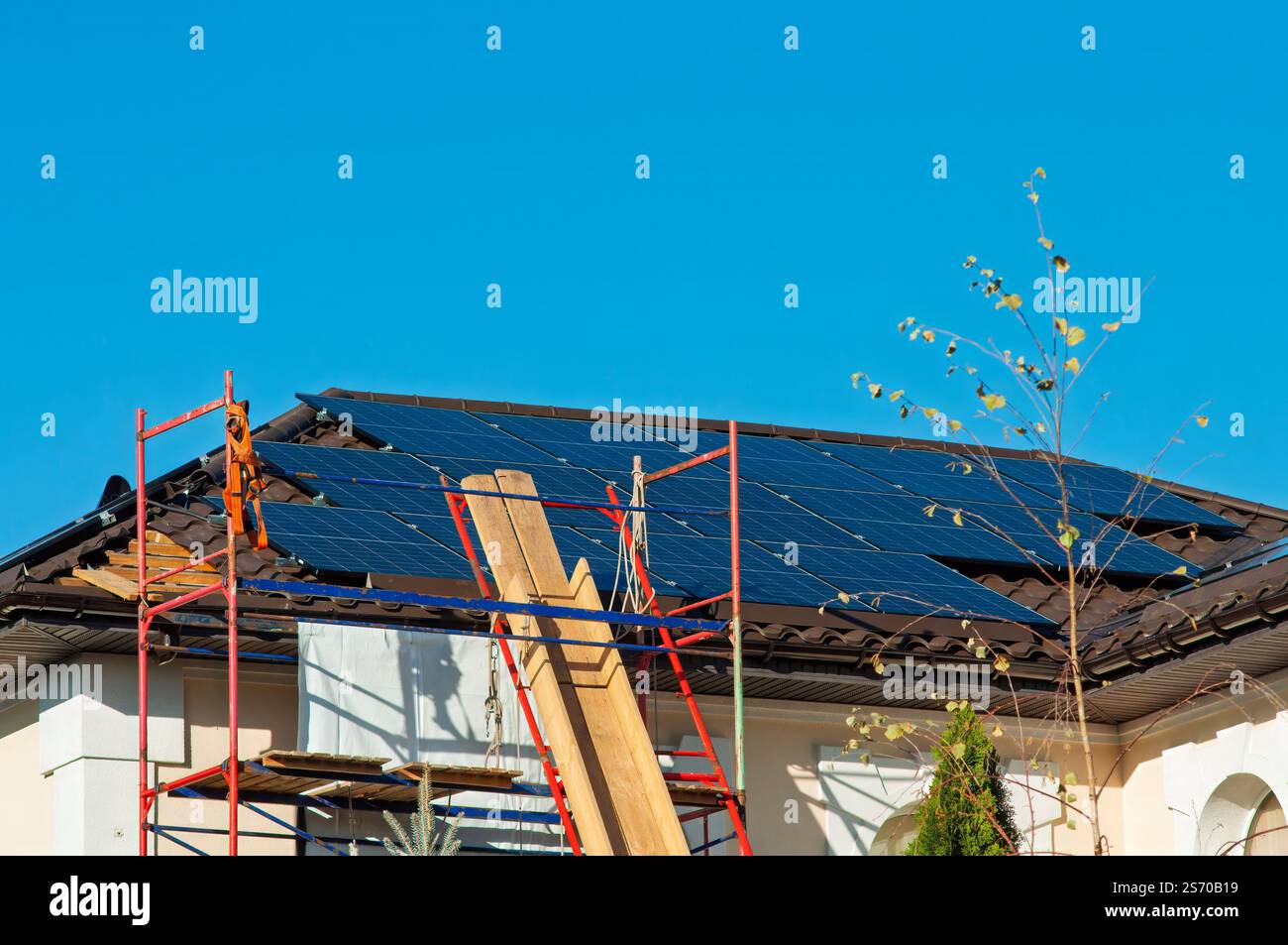 Scaffolding set up for the installation of solar panels on a ...