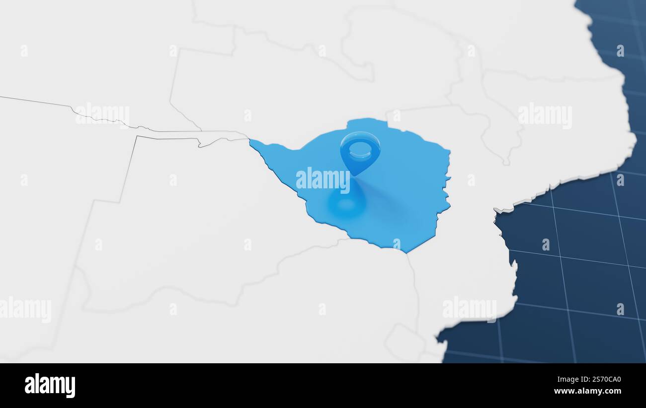 Blue Zimbabwe 3d map with pointer pin surrounded with other countries ...