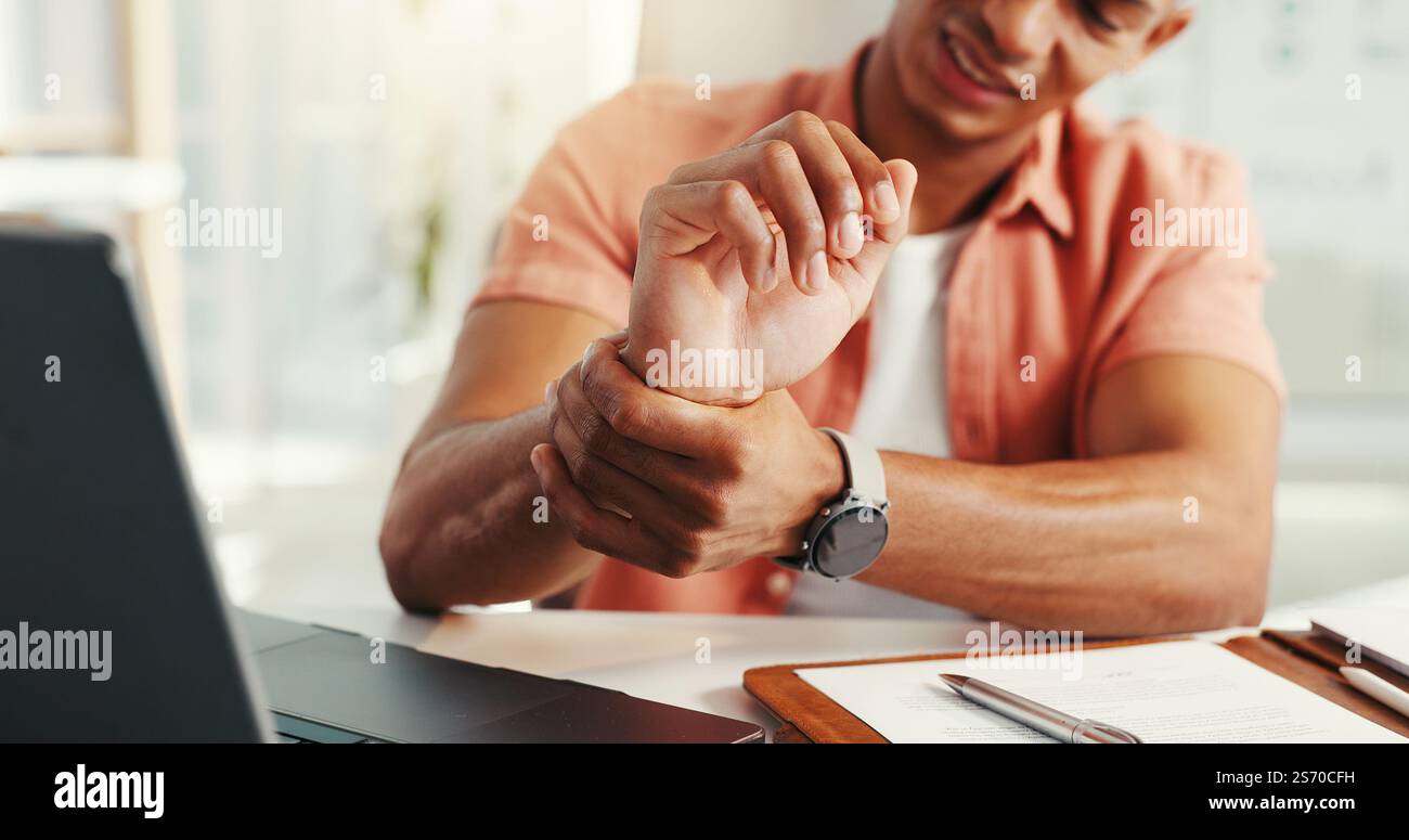 Man, hand pain and laptop injury in office, bruise and carpal tunnel ...