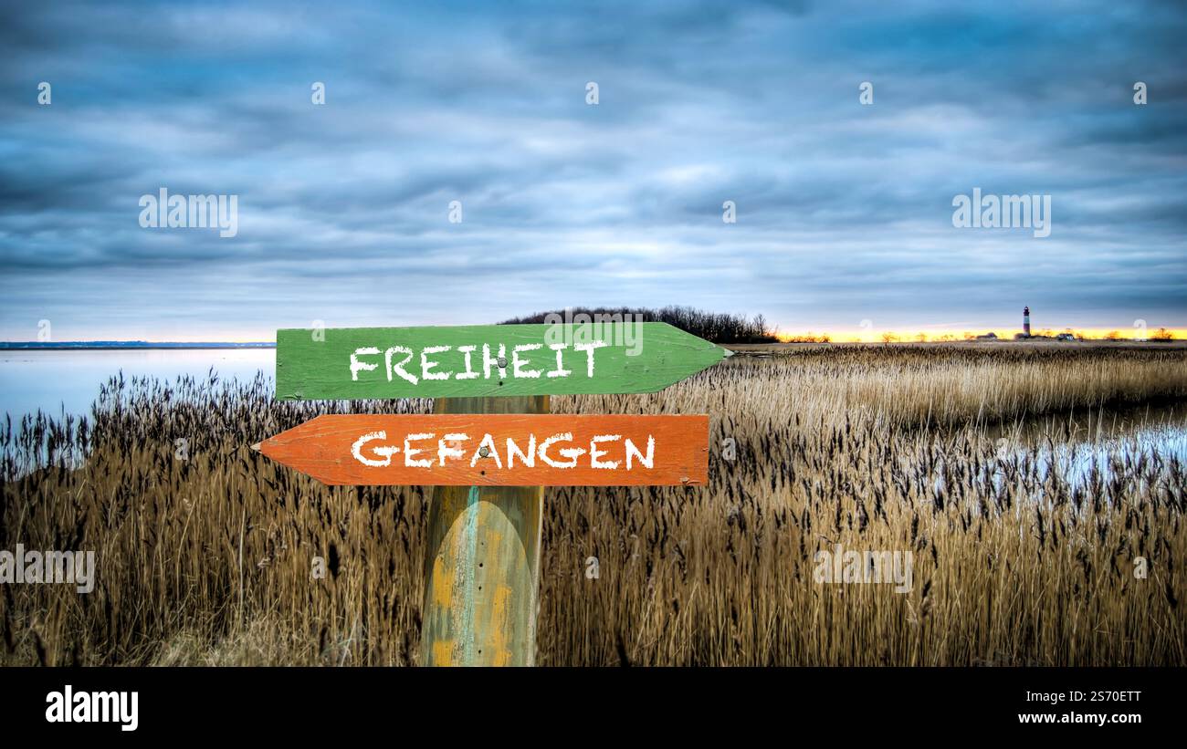An image with a signpost pointing in two different directions in German ...