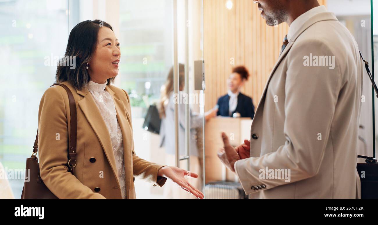 Business people, discussion and team in hotel lobby for meeting ...