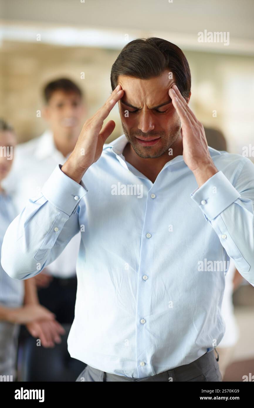 Frustrated, businessman and headache with injury for stress, vertigo or ...