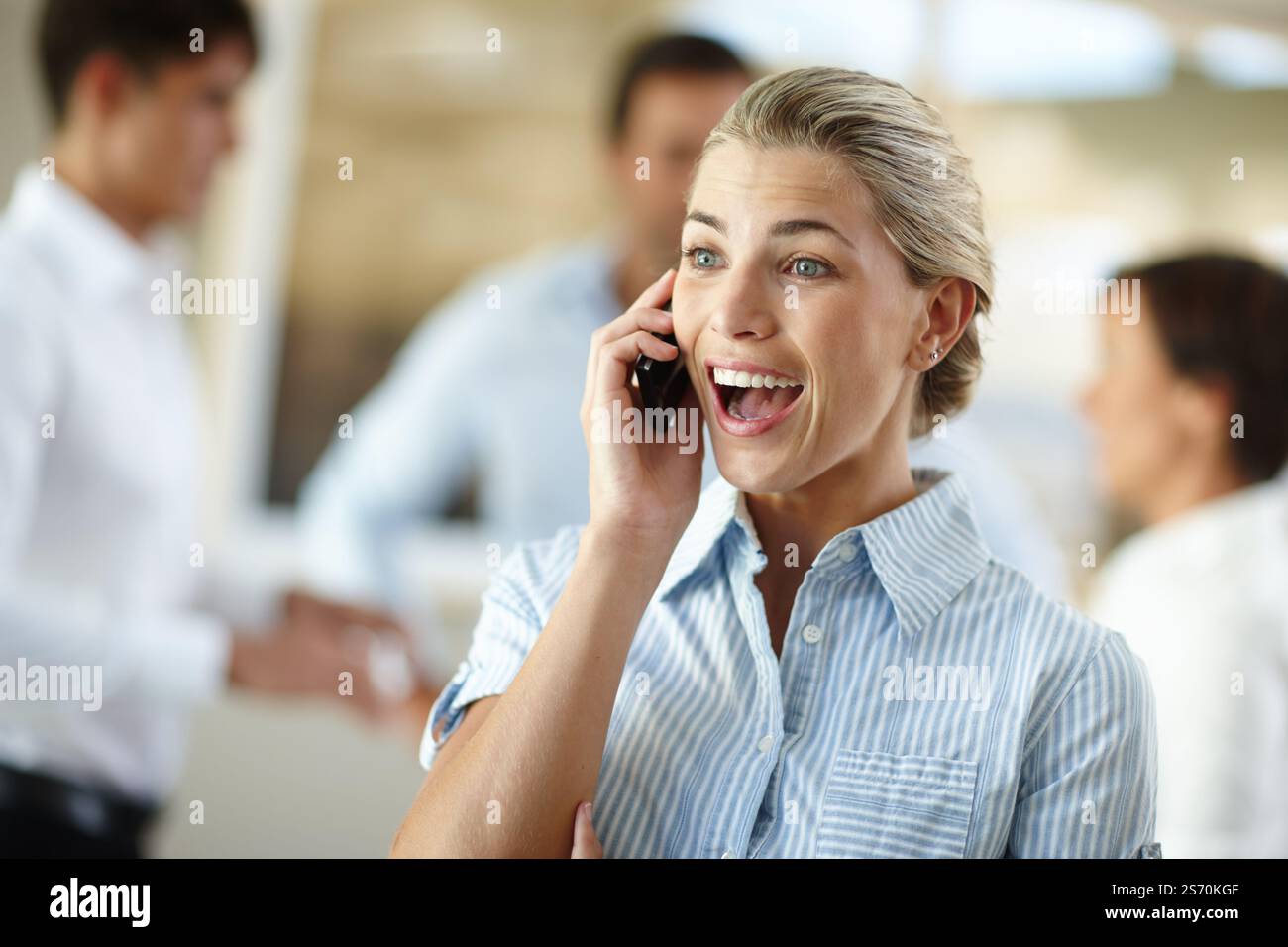Office, businesswoman and excited with phone call for discussion ...