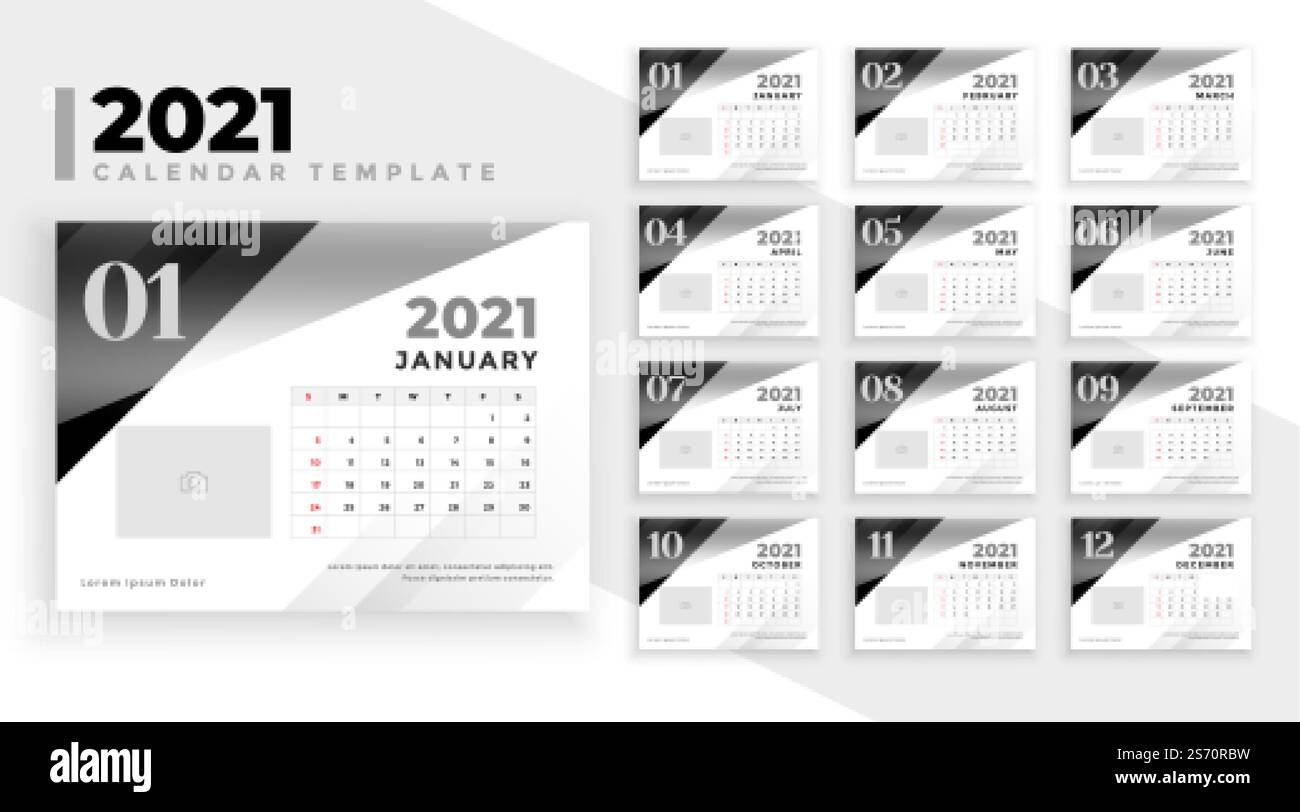 2021 calendar design in black and white stylw with image space Stock ...