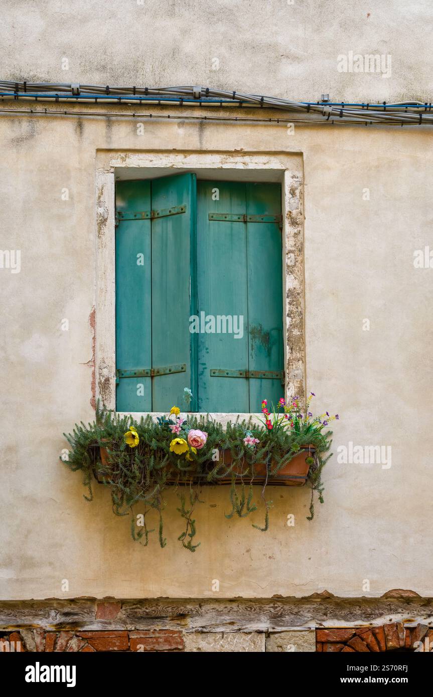 Aged teal shutters frame a window with a flower box. Venetian-style ...