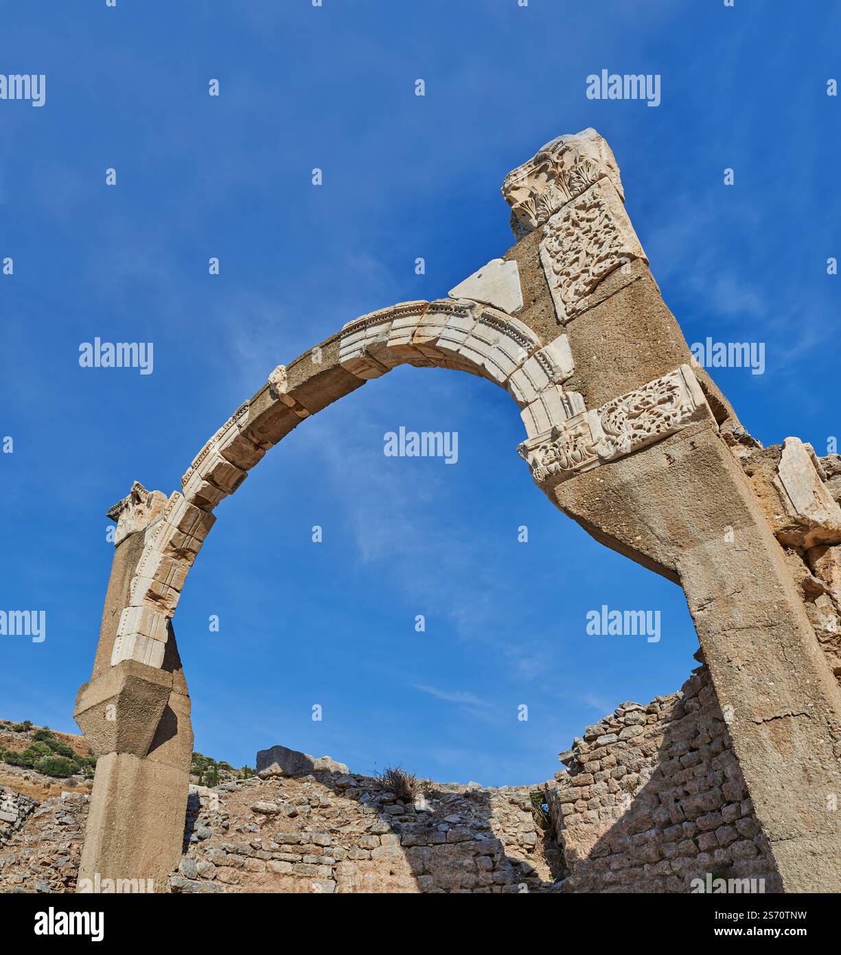 Architecture, history and temple with archway in nature for antique ...
