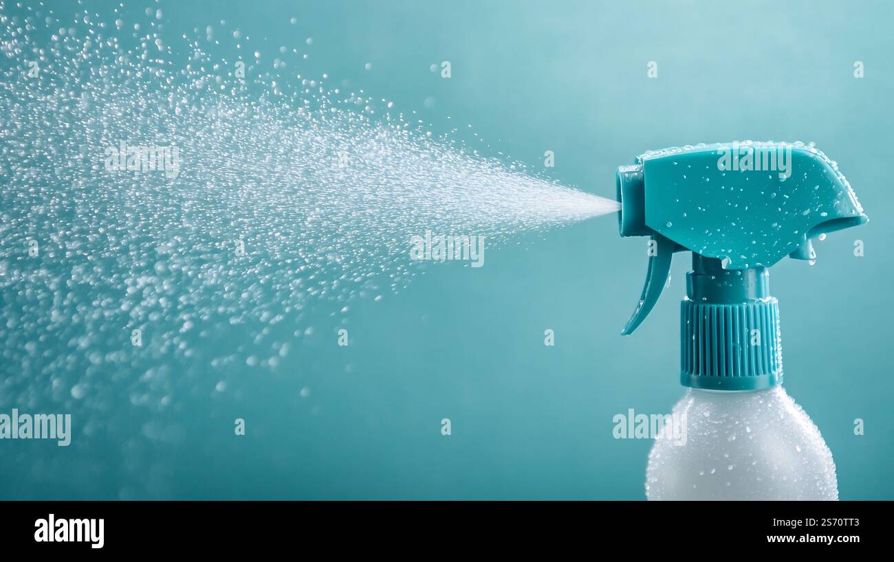 Spray bottle misting water on a glass surface,creating a reflective ...