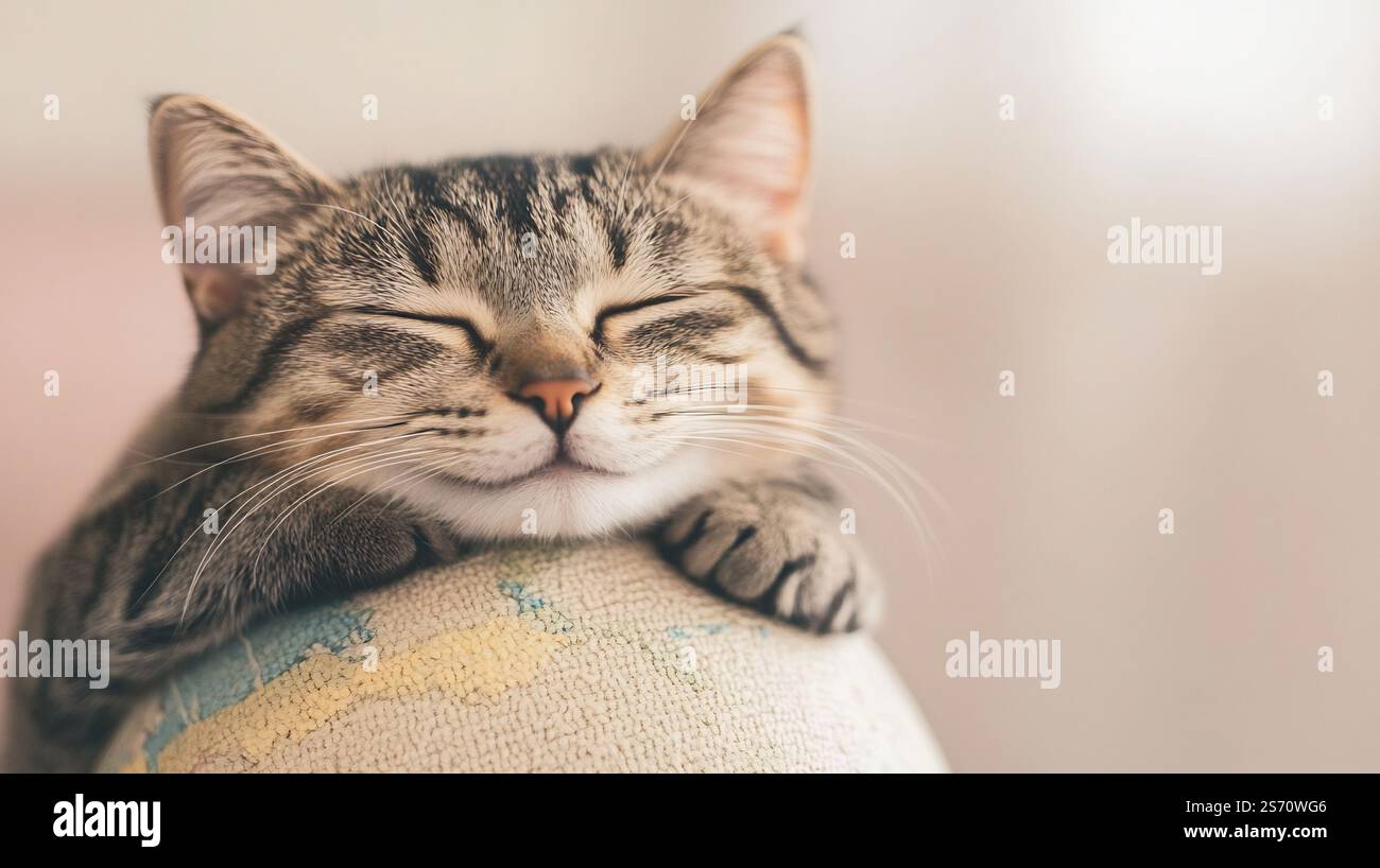 Adorable tabby cat gently smiling and embracing a globe,symbolizing the ...