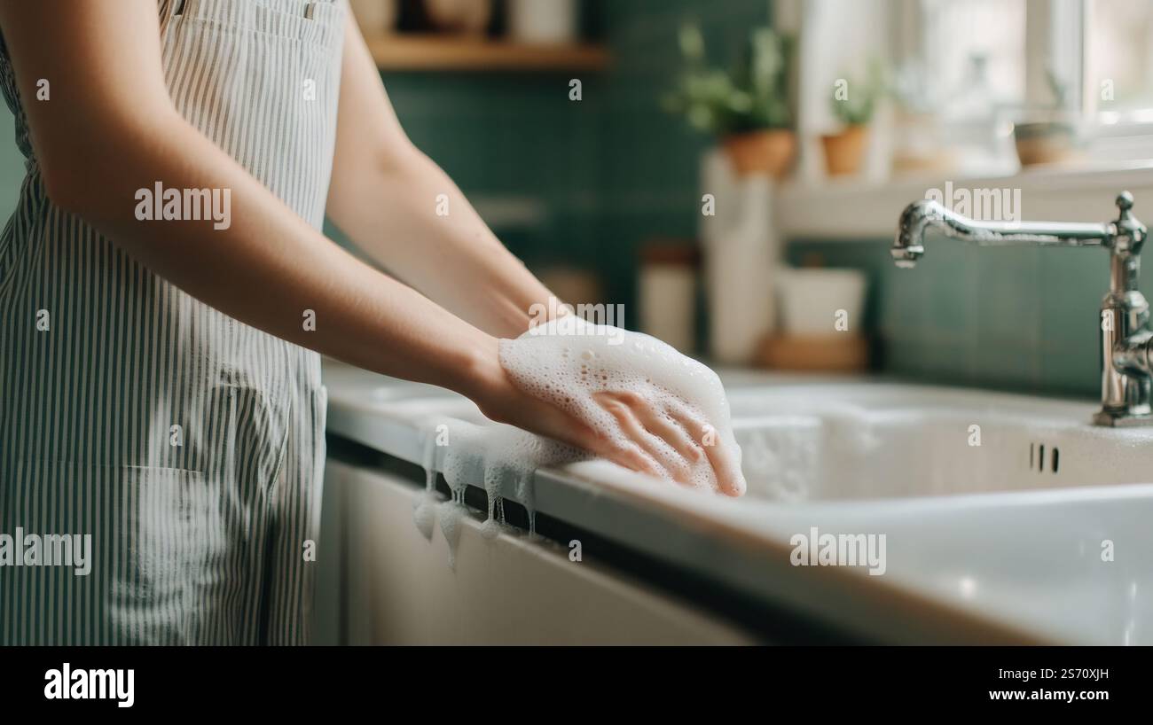 A person diligently scrubbing a kitchen sink with foamy soap in a ...