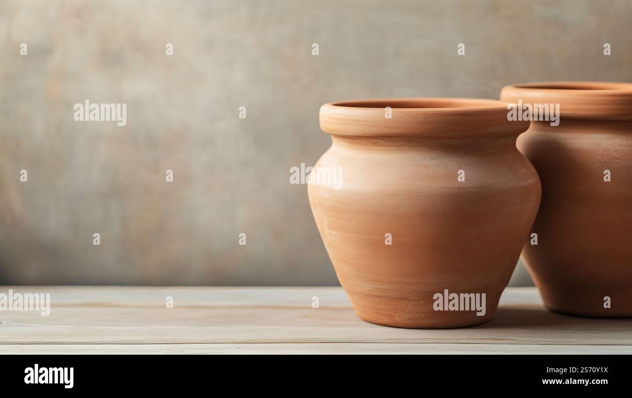 Rustic handmade terracotta clay pots in a softly lit background with ...