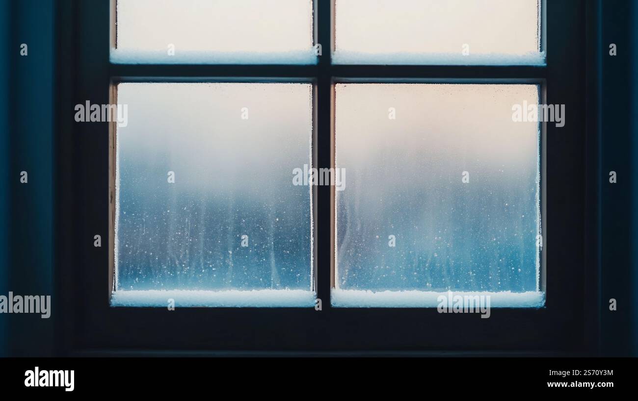 Frosted window with subtle,delicate patterns of ice crystals and a ...