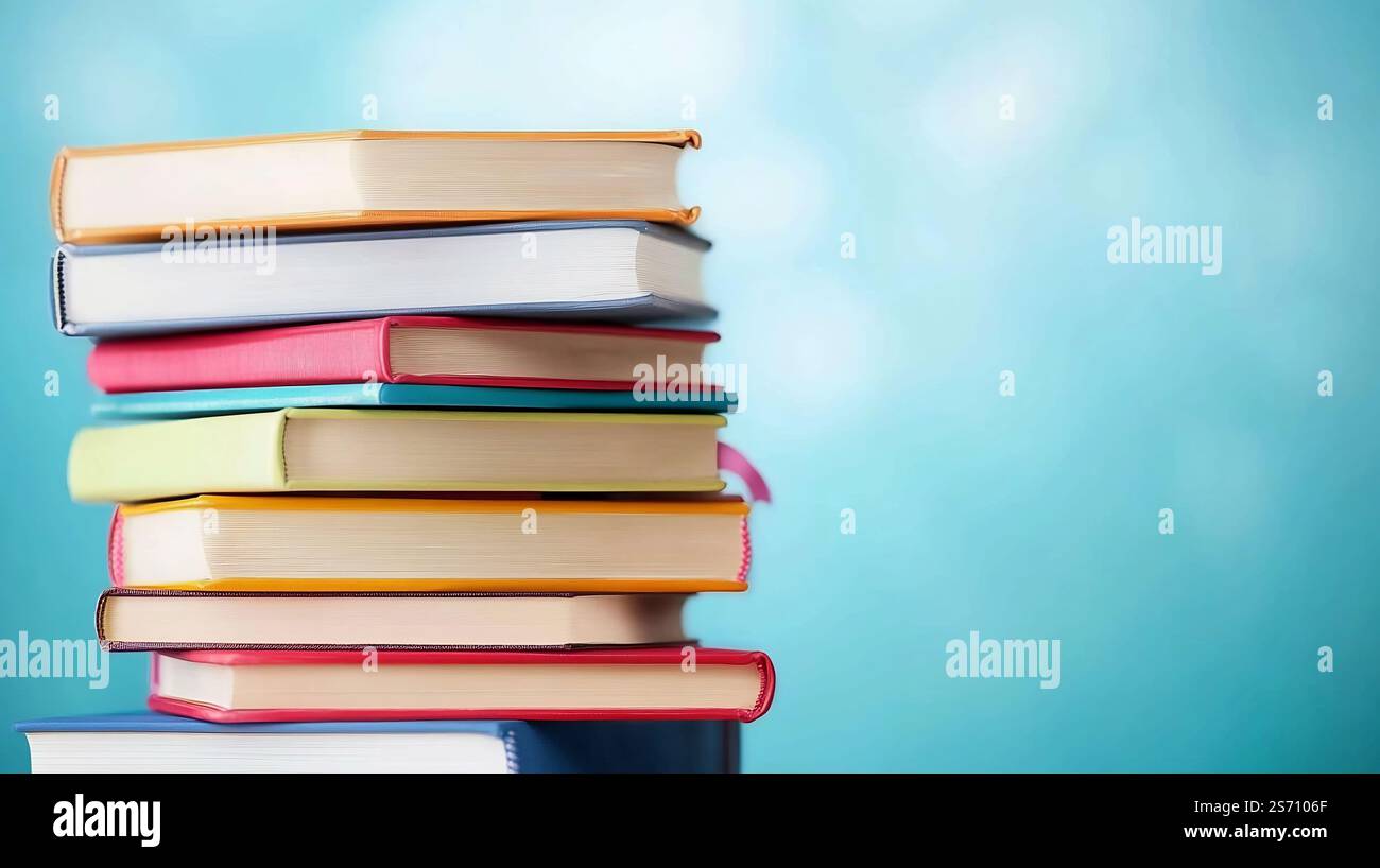 Vibrant stack of diverse,colorful books on a blurred background ...