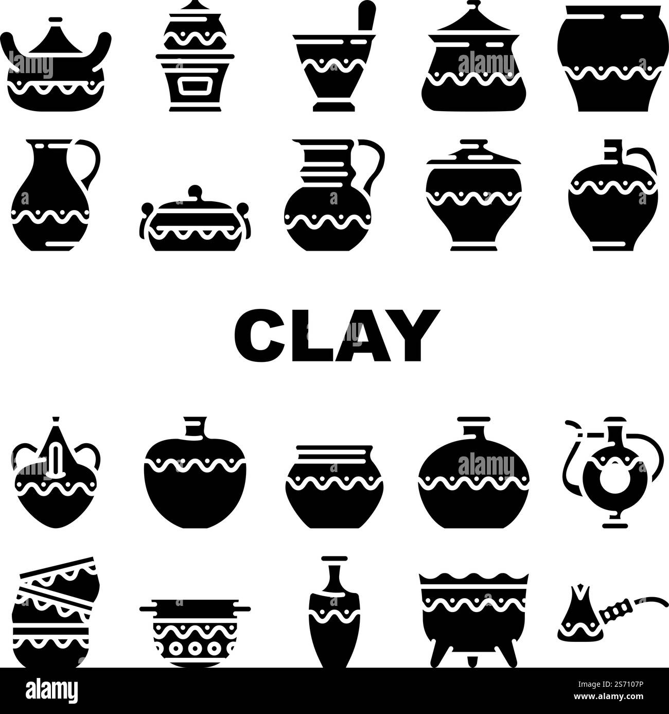 clay pot ceramic pottery bowl icons set vector. traditional vase food ...