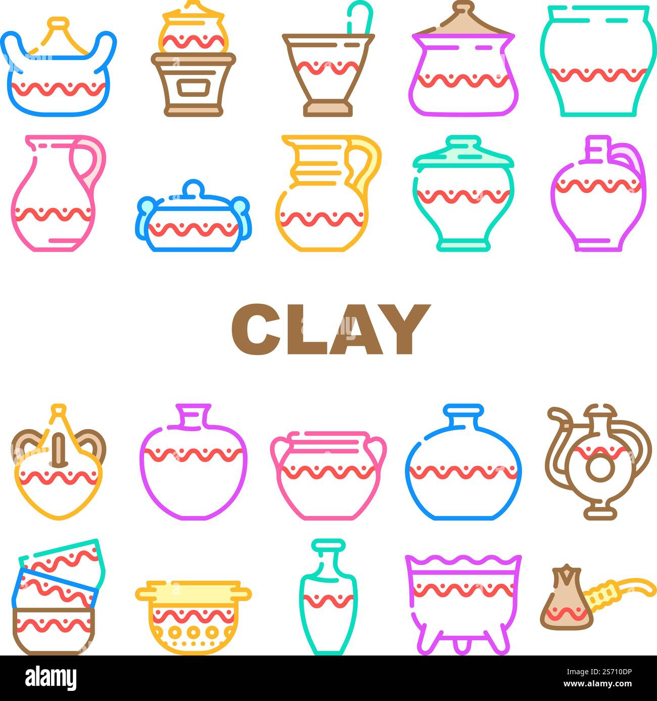 clay pot ceramic pottery bowl icons set vector. traditional vase food ...