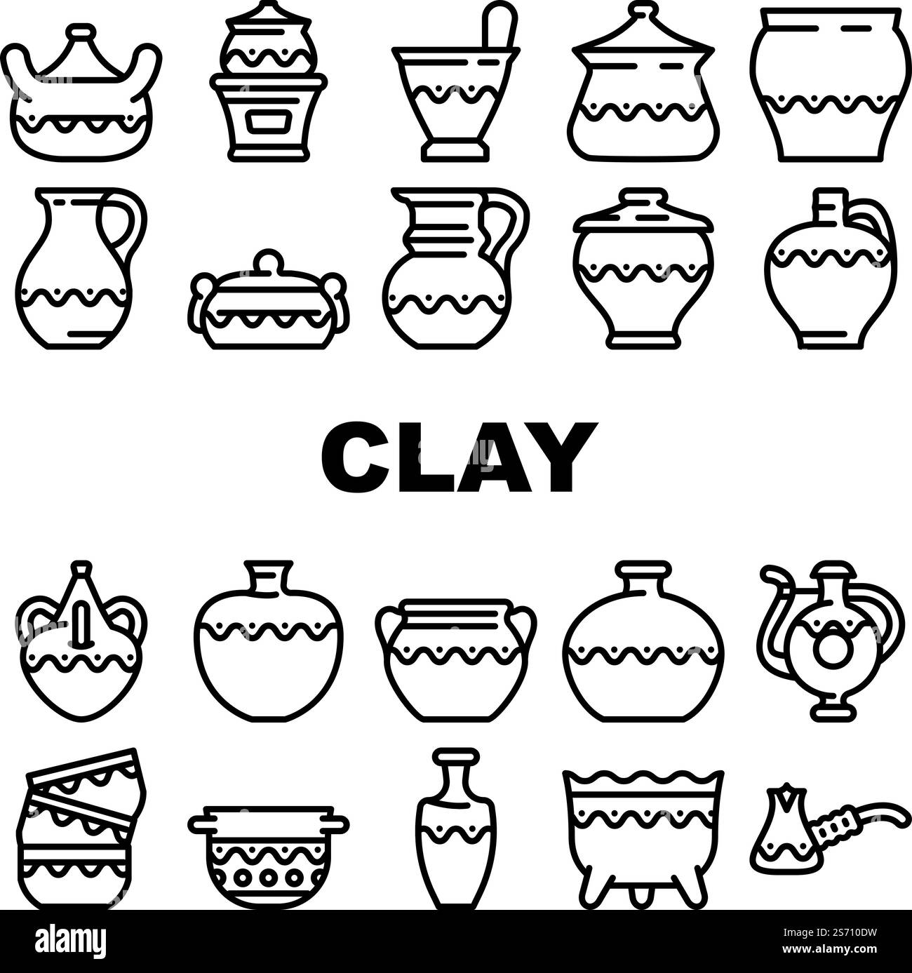 clay pot ceramic pottery bowl icons set vector. traditional vase food ...
