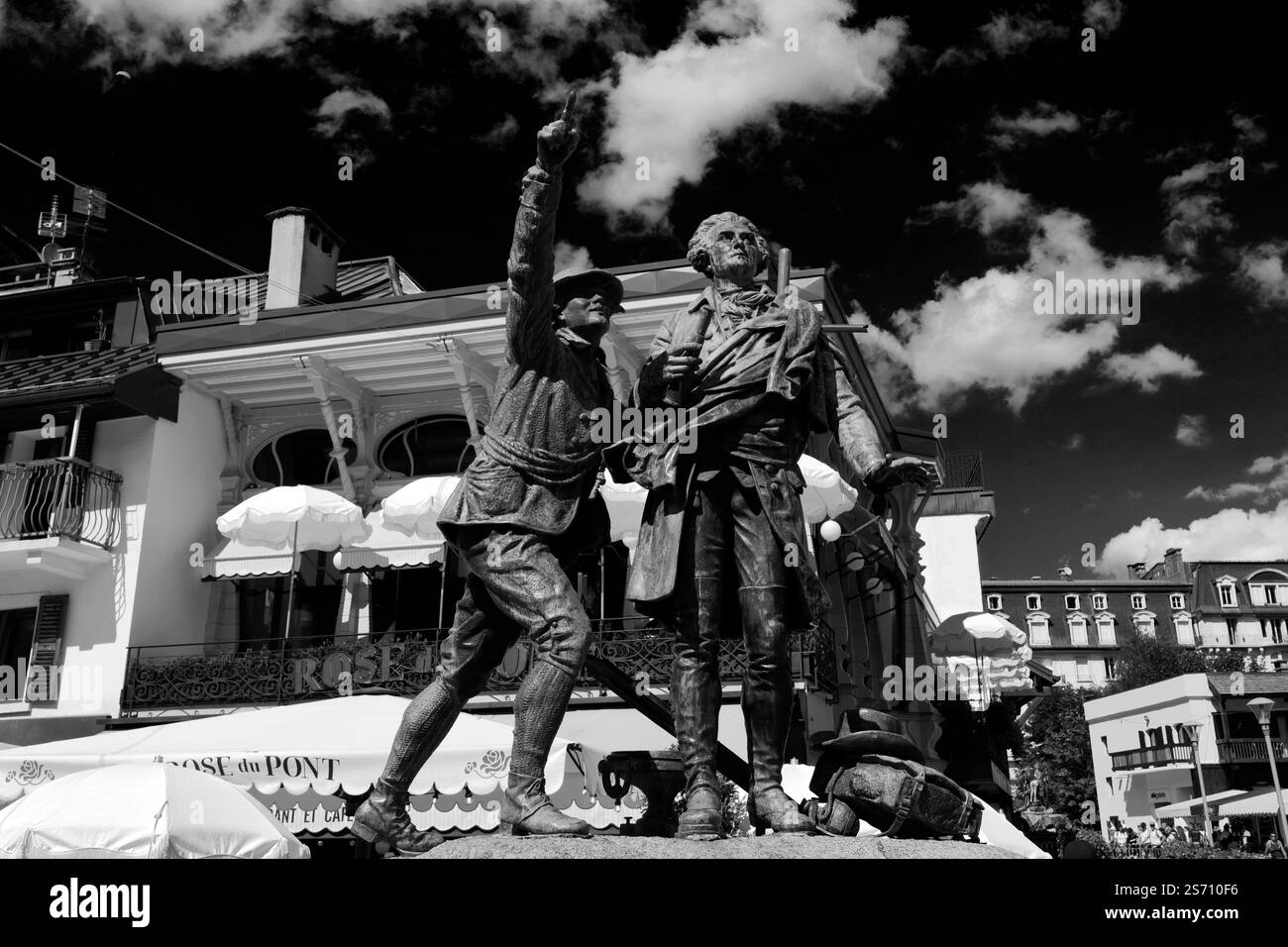 Statue of Jacques Balmat showing the summit of Mont Blanc to Horace ...