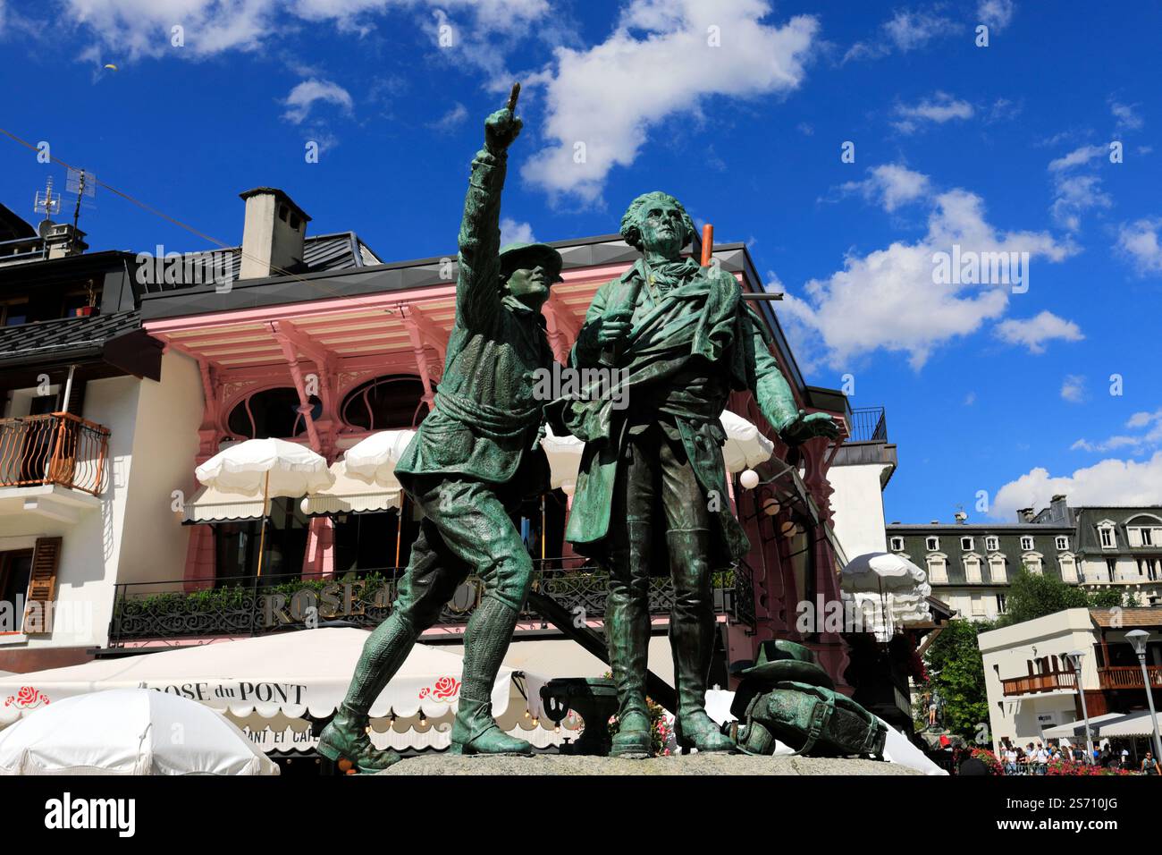 Statue of Jacques Balmat showing the summit of Mont Blanc to Horace ...