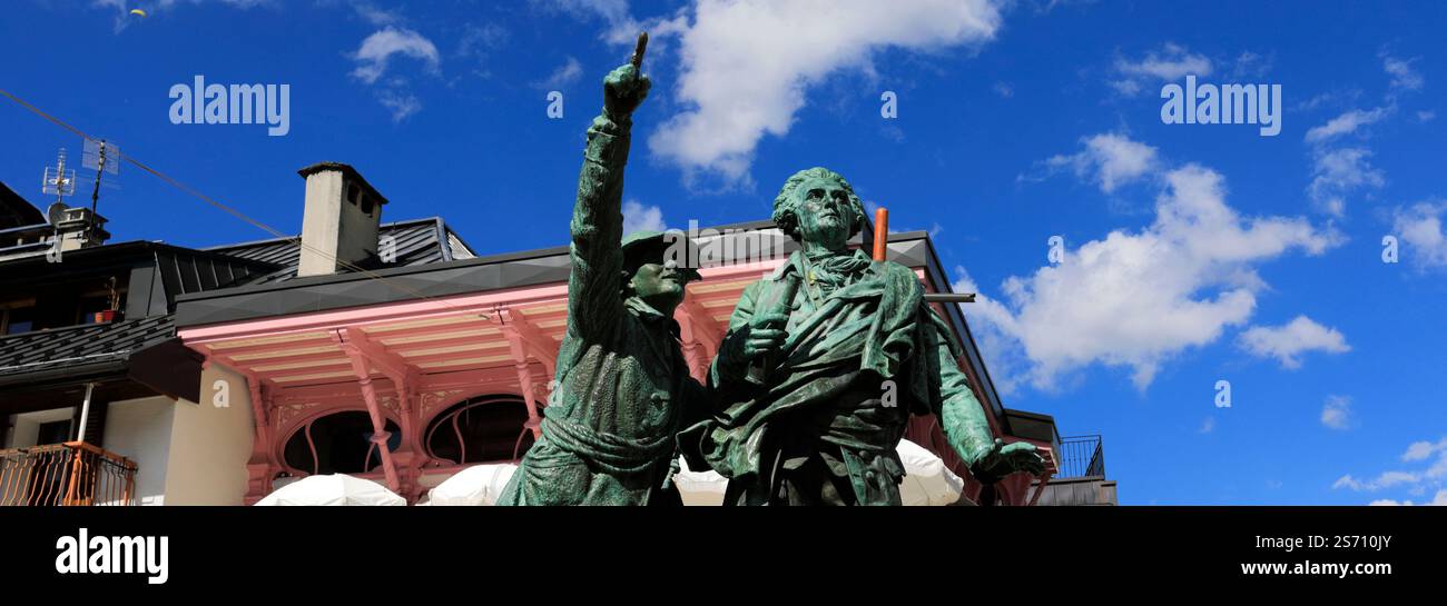 Statue of Jacques Balmat showing the summit of Mont Blanc to Horace ...
