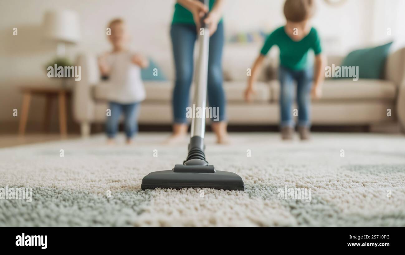 A joyful family working together to vacuum and dust their cozy living ...