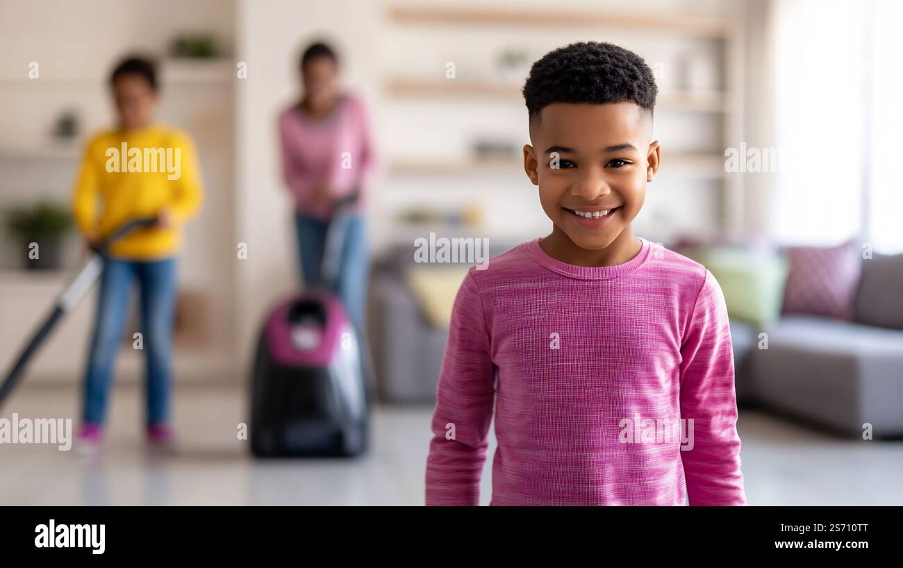 Family Working Together to Clean and Tidy the Living Room at Home - A ...