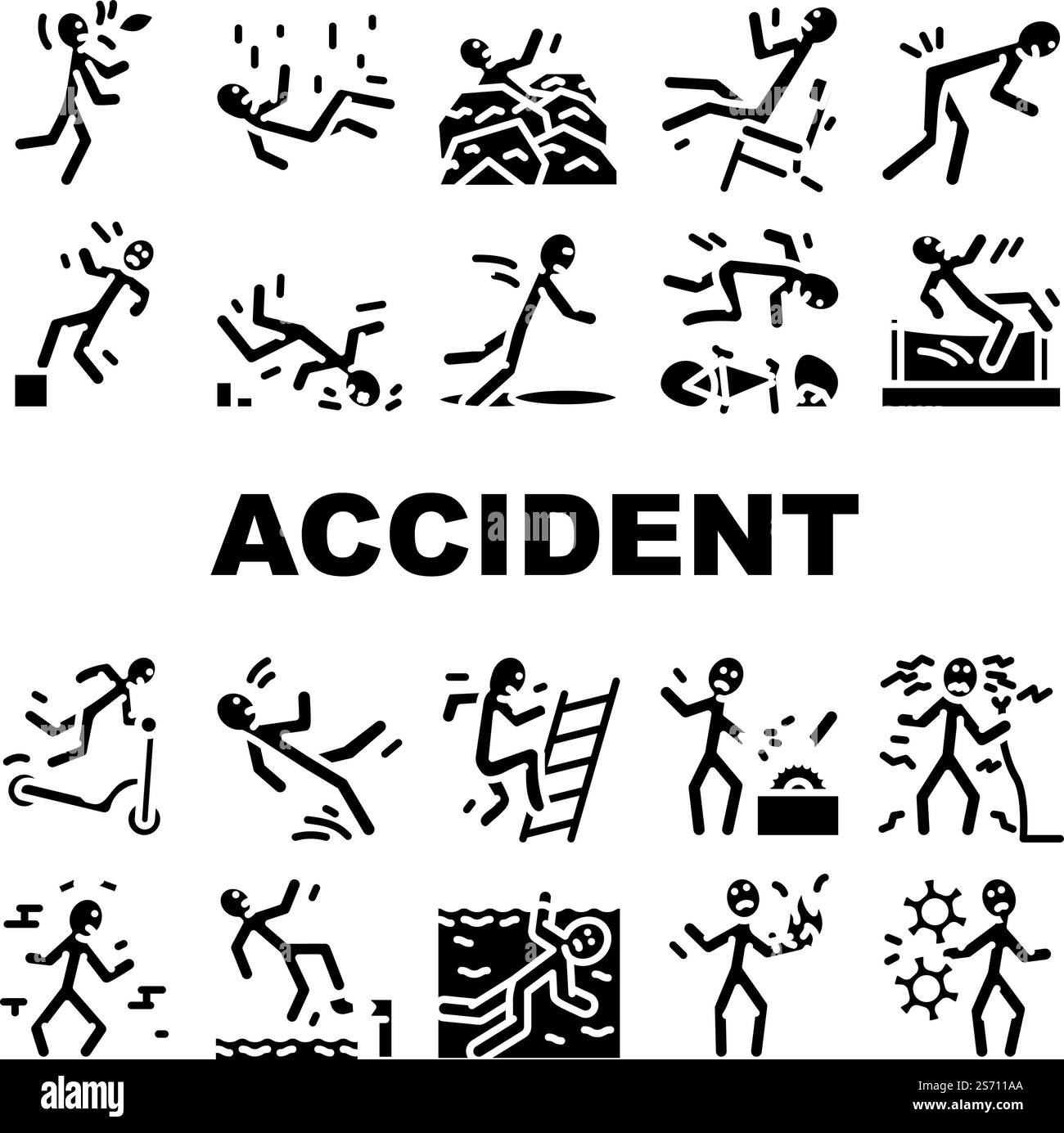 accident injury man person icons set vector. human car crash, fail ...