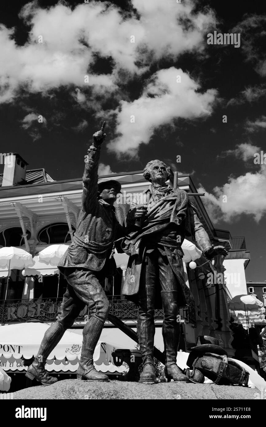 Statue of Jacques Balmat showing the summit of Mont Blanc to Horace ...