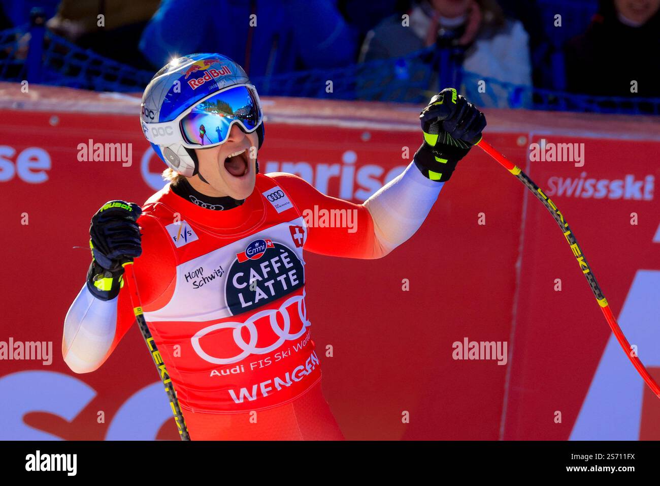 Switzerland's Marco Odermatt celebrates at the finish area of an alpine ...