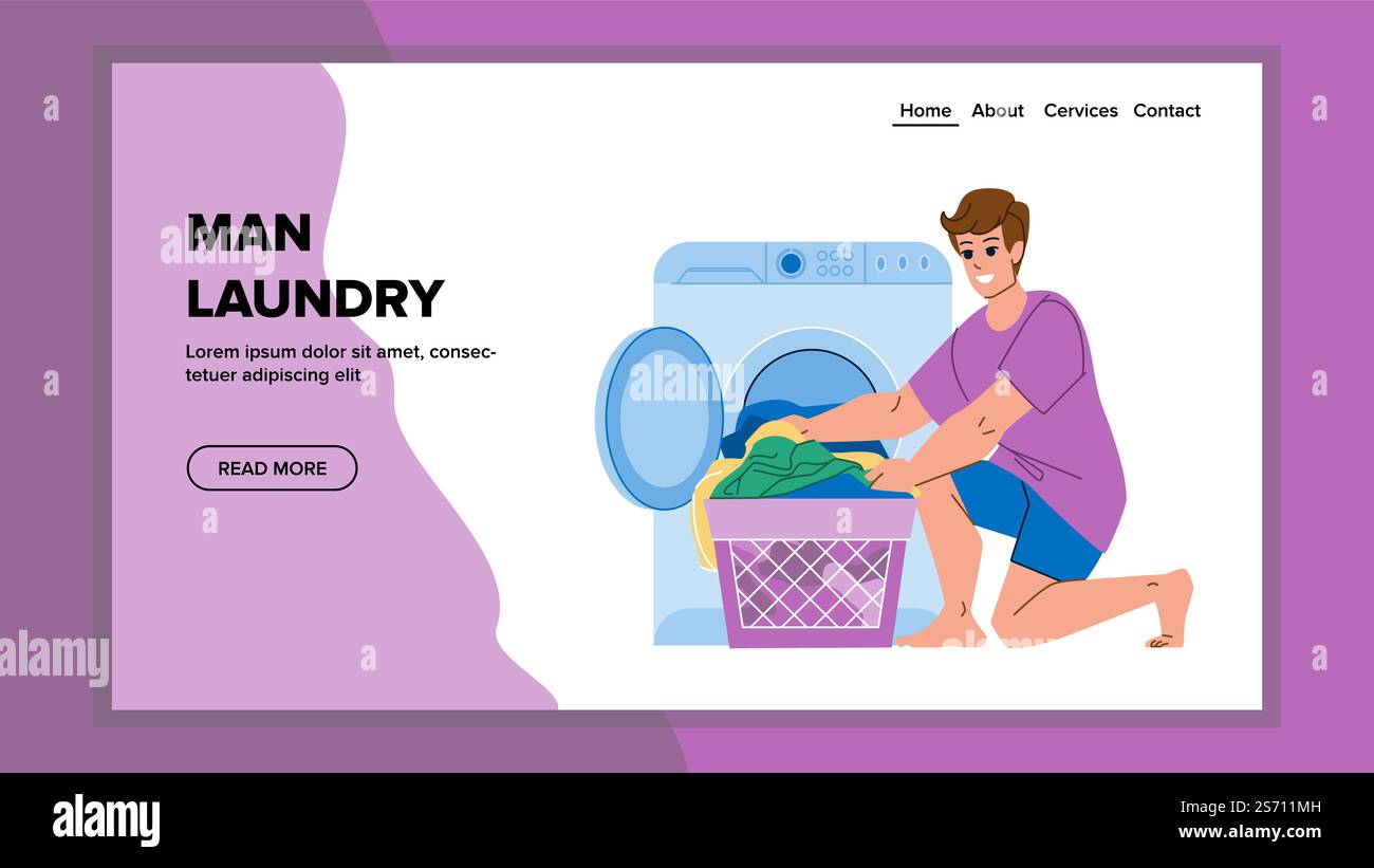 man laundry vector. clothes domestic, young housework, happy adult ...
