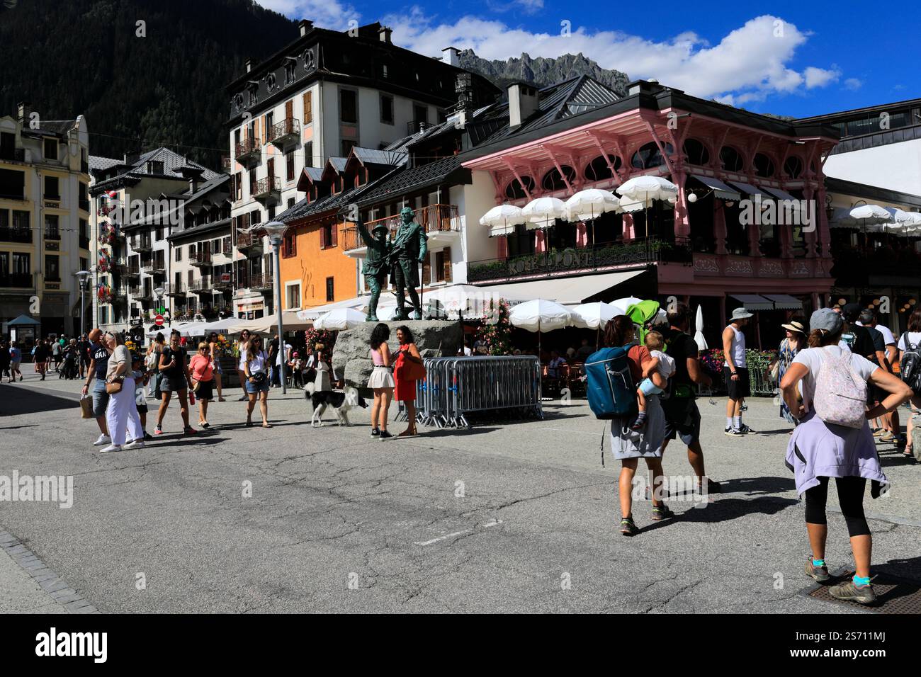 Statue of Jacques Balmat showing the summit of Mont Blanc to Horace ...