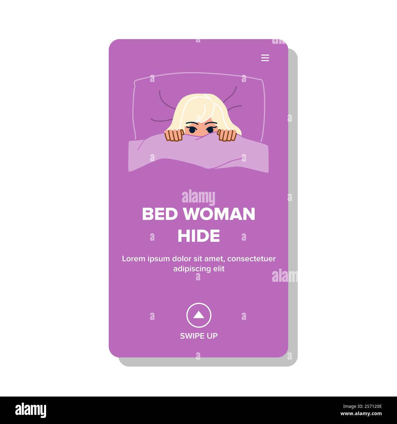 bed woman hide vector. girl bedroom, sleep home, morning blanket, face ...