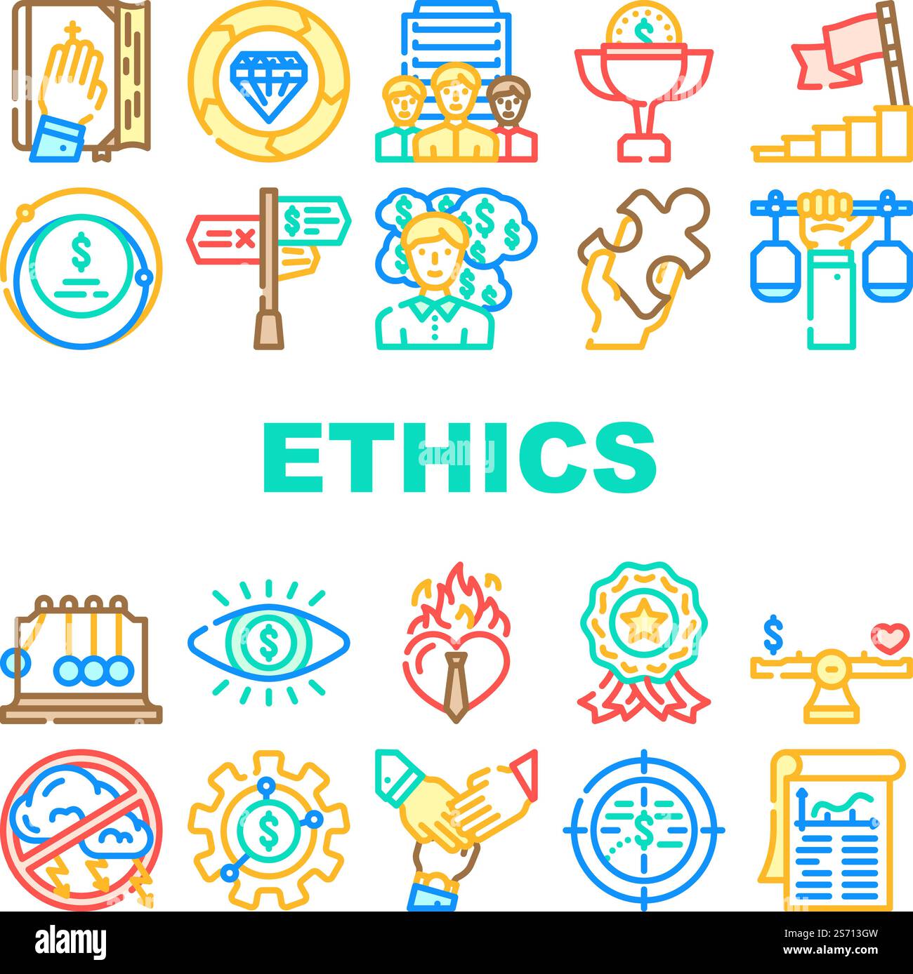 business corporate ethics company icons set vector. integrity trust, honesty value, moral ethics ...