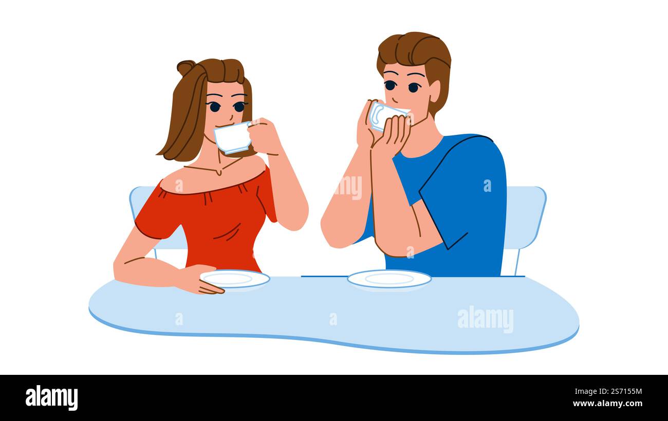 couple drinking coffee vector. man drink, woman happy, love young home ...