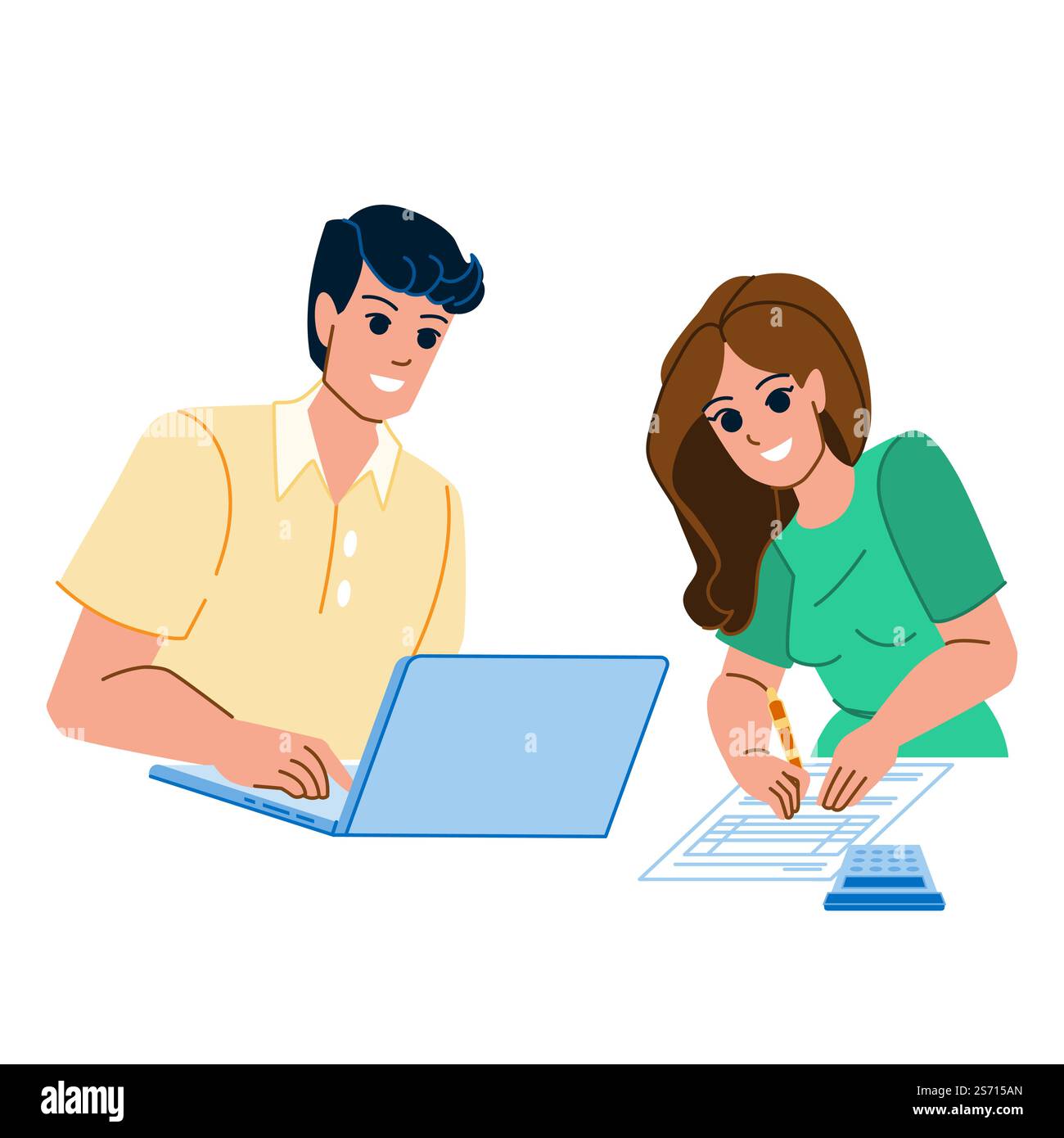 couple doing taxes vector. budget man, finance woman, laptop bill ...