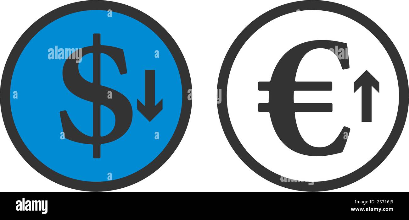 Falling Dollar And Growth Up Euro Coins Icon. Editable Bold Outline ...