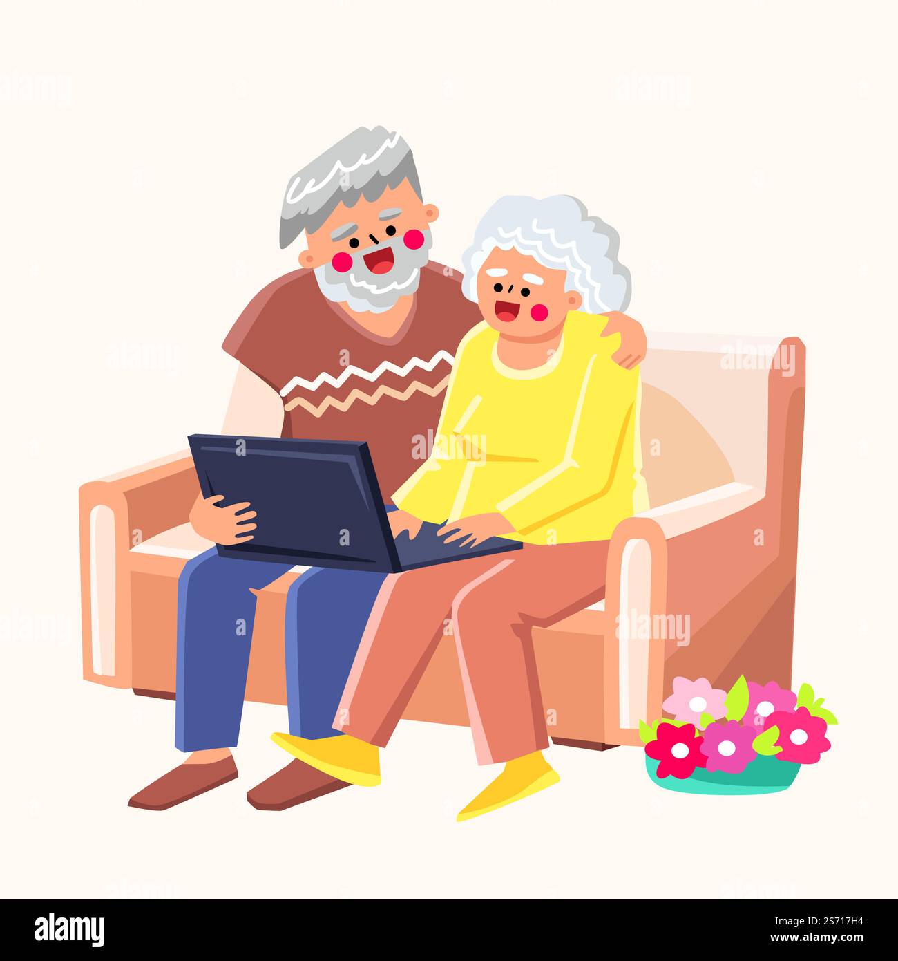 pensioner sofa laptop vector. computer home, elderly happy, old online woman, technology ...