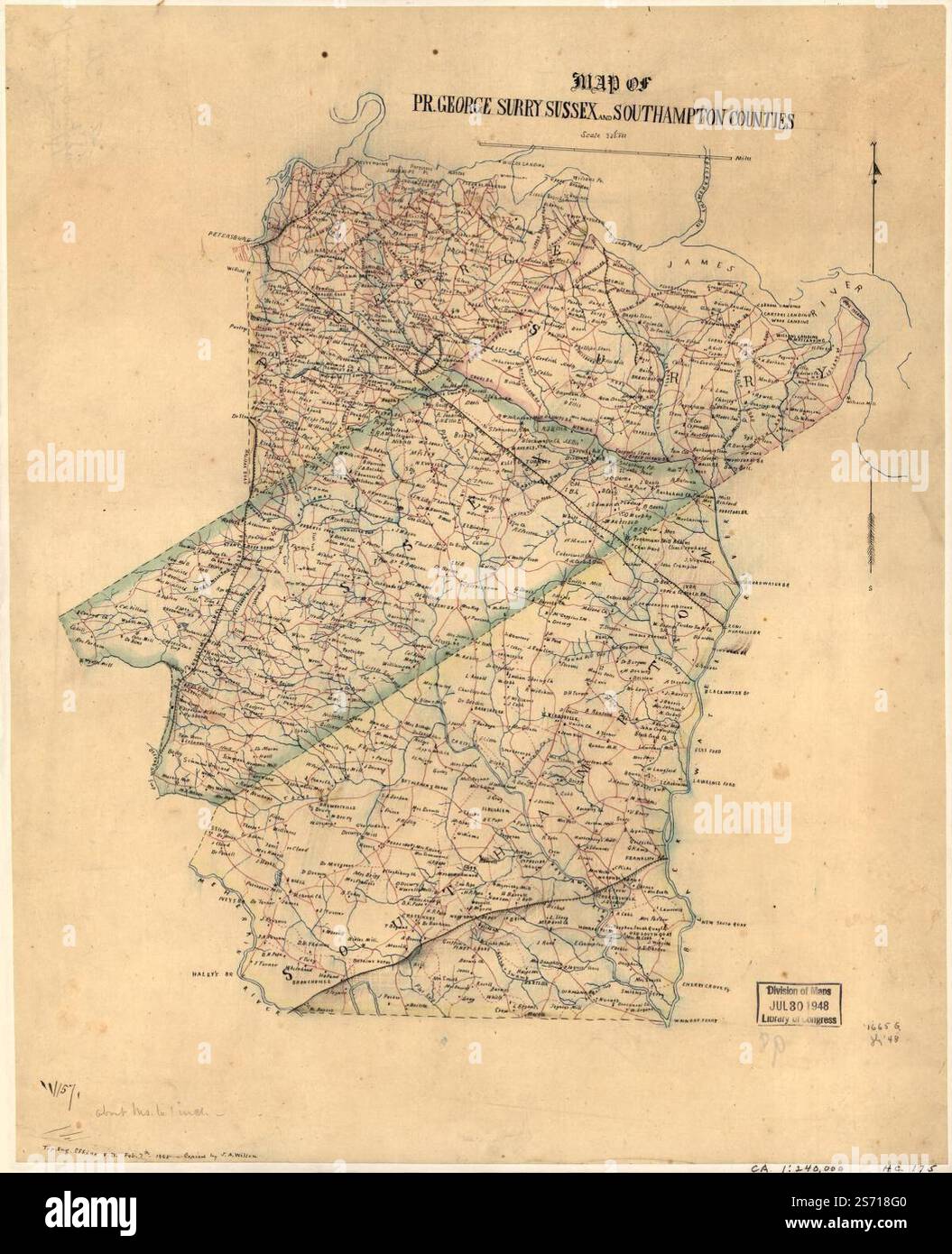 Map of Pr. George, Surry, Sussex, and Southampton counties 1865 by ...