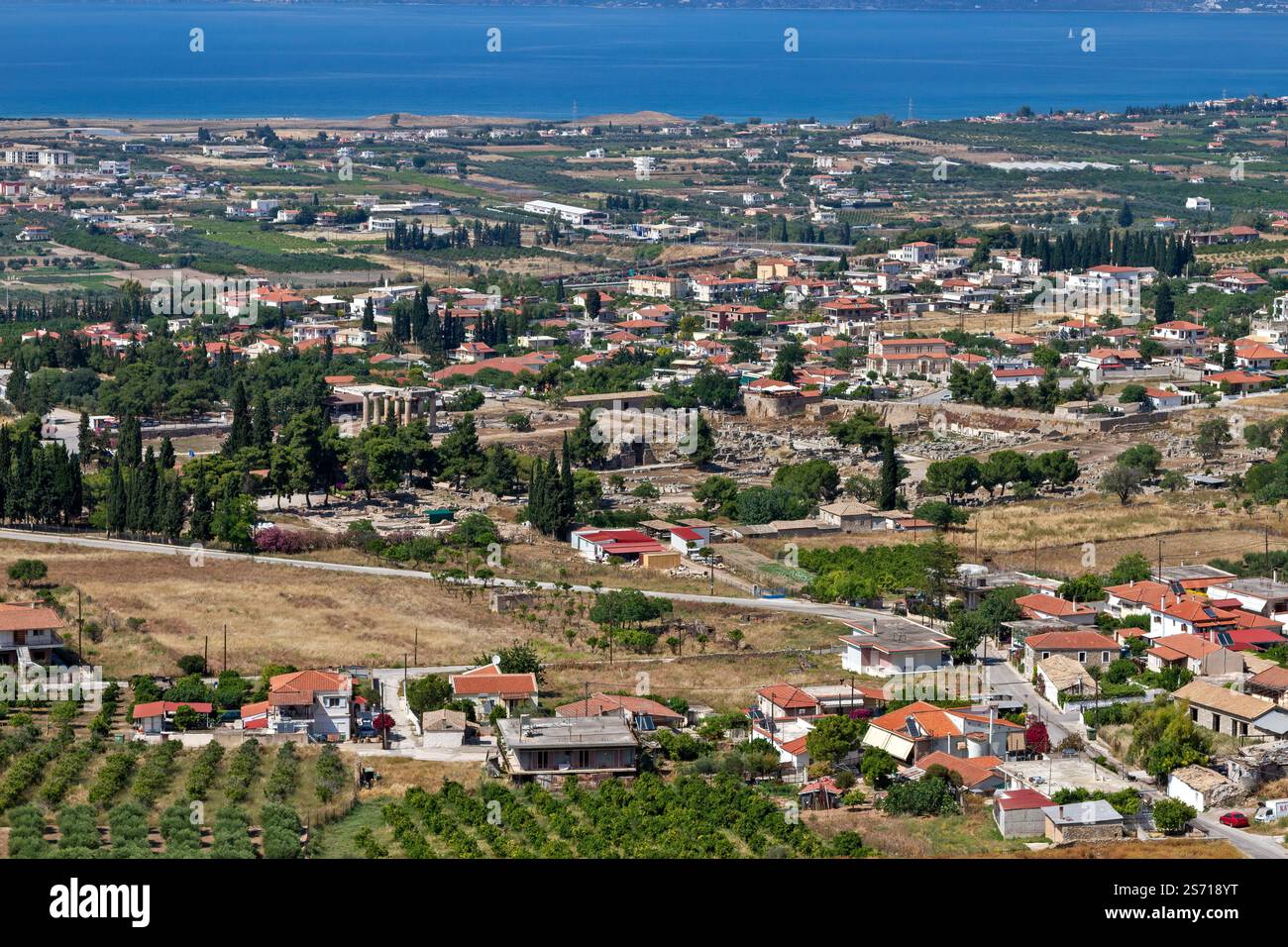 Aerial view of Ancient Corinth, Greece, showcasing the Temple of Apollo ...