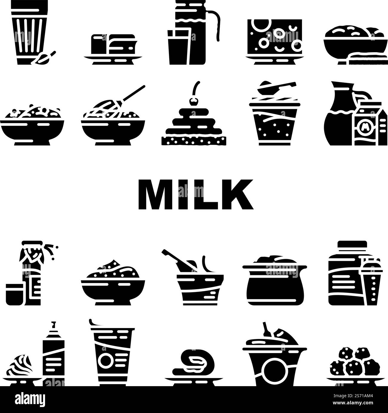 milk product dairy food yogurt icons set vector. drink healthy, white ...