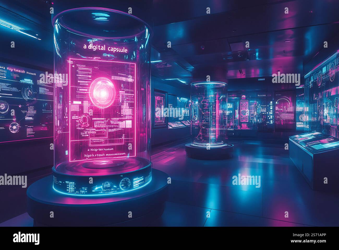 Visitors enjoy an immersive technological exhibit featuring bright ... Visitors enjoy an immersive technological exhibit featuring bright ...