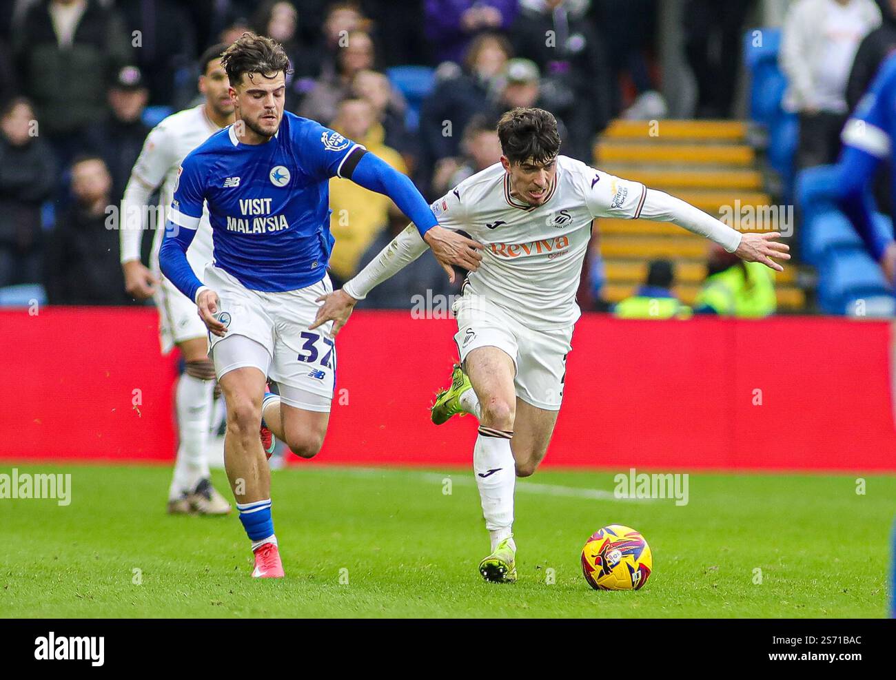 Cardiff, UK. 18th Jan, 2025. Josh Key of Swansea City under pressure ...