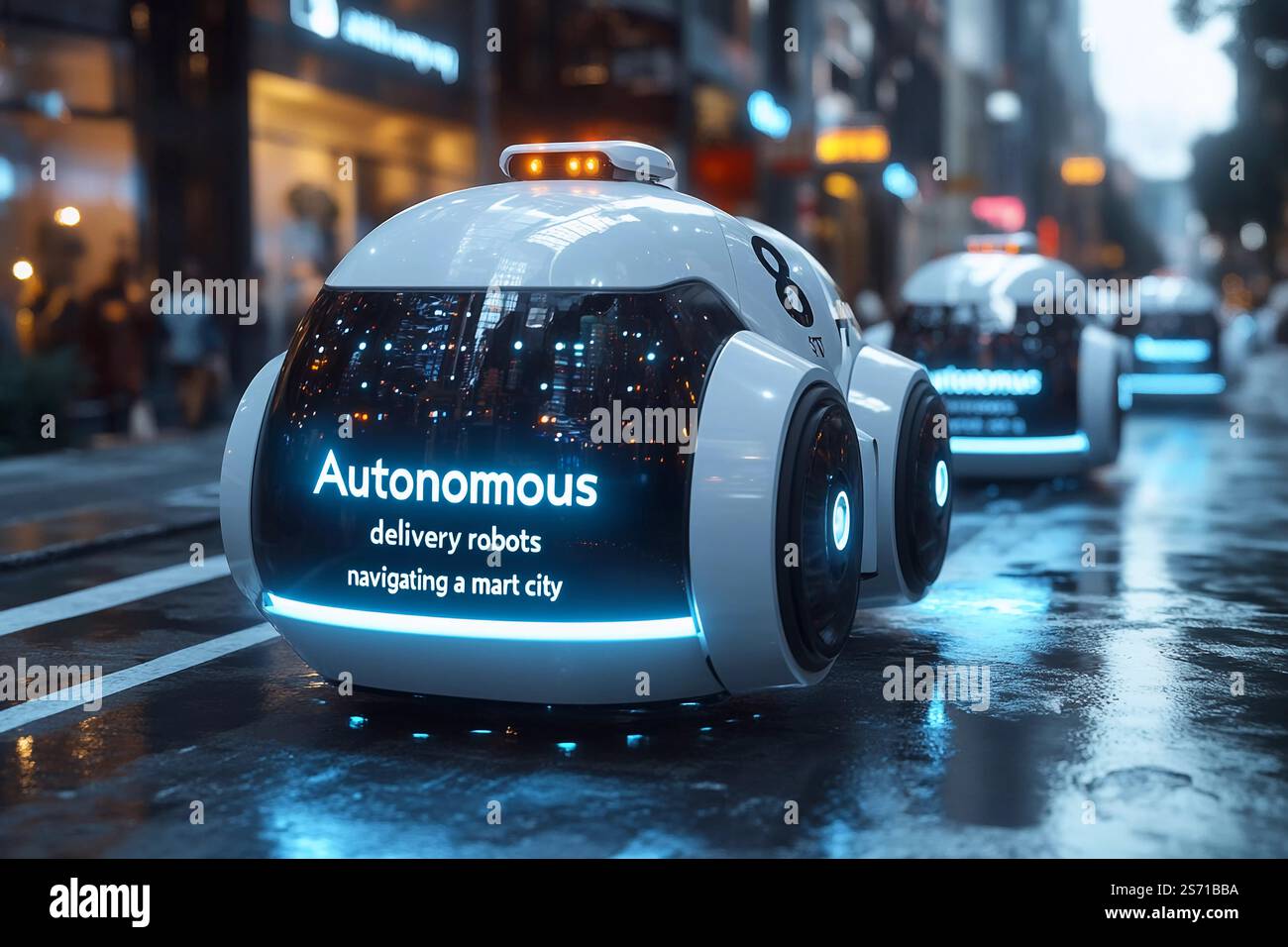 A line of delivery robots moves down a wet city street, showcasing ...