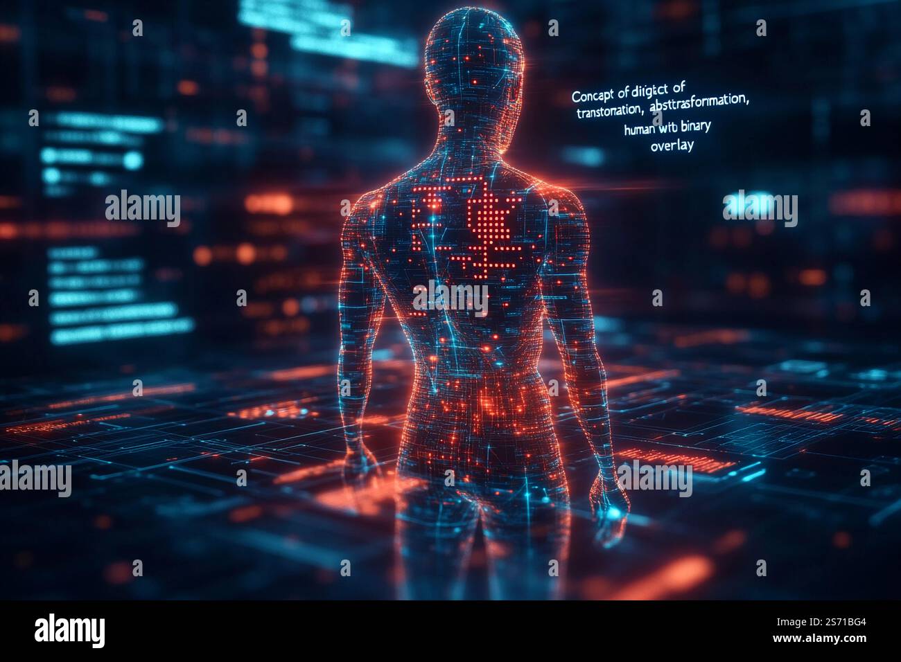 A human figure composed of digital elements stands amidst a backdrop of ...