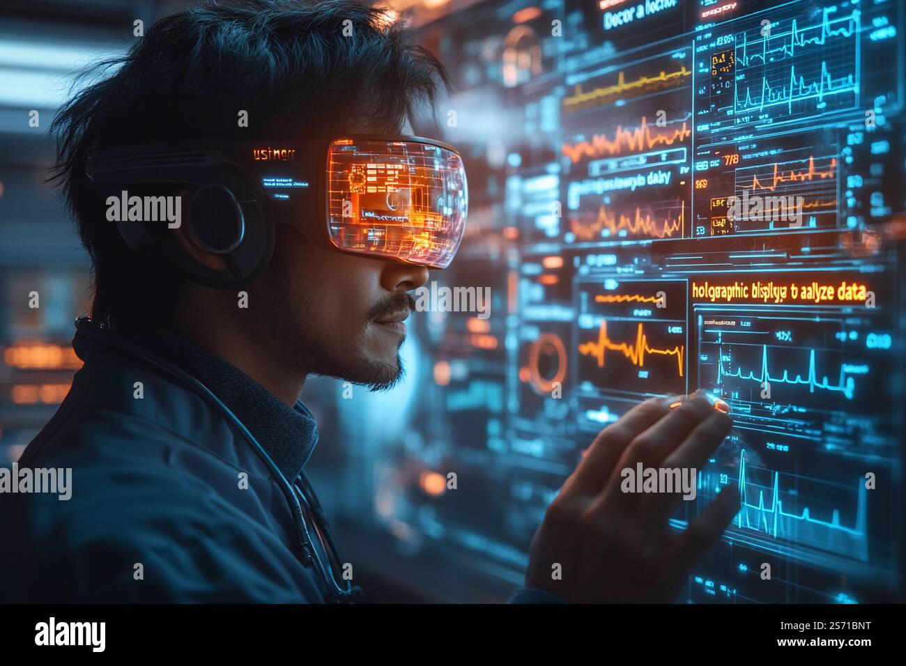 User engages with a holographic display, examining various data visualizations in a high-tech ...