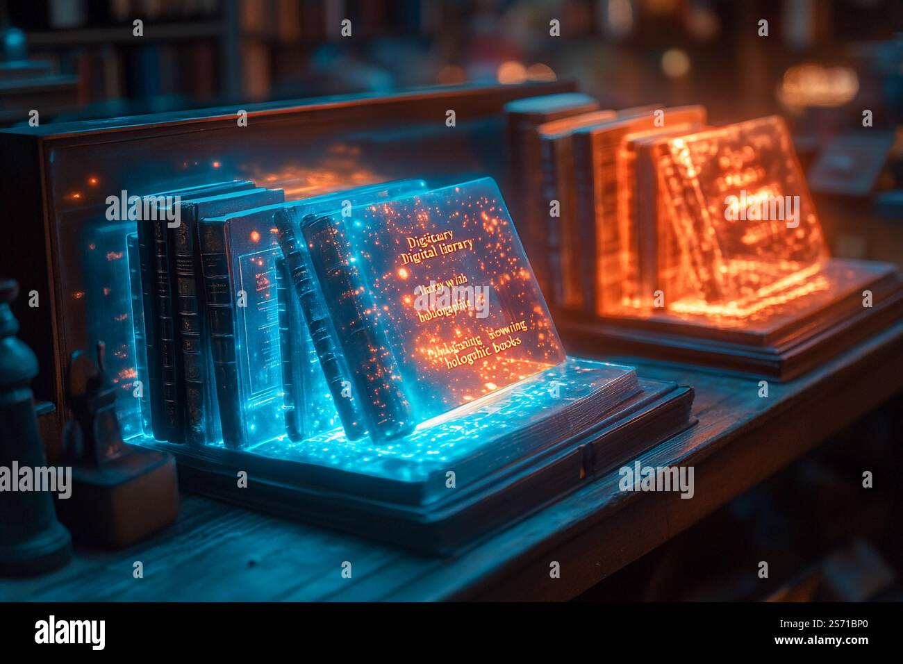A cozy reading area showcases glowing holographic books, creating a ...