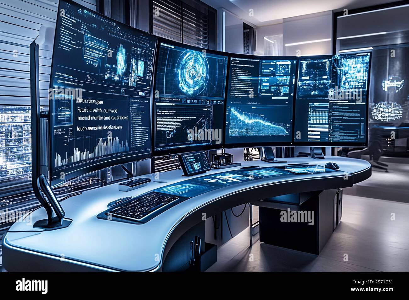 Futuristic workspace showcases curved monitors filled with graphs, data ...