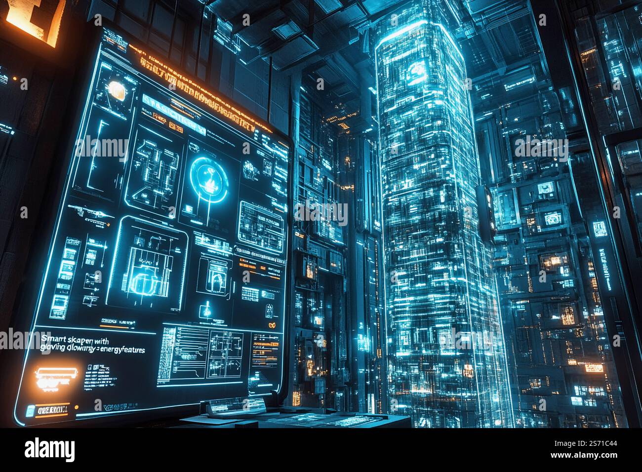 Bright blue lights illuminate the towering structures in a high-tech ...