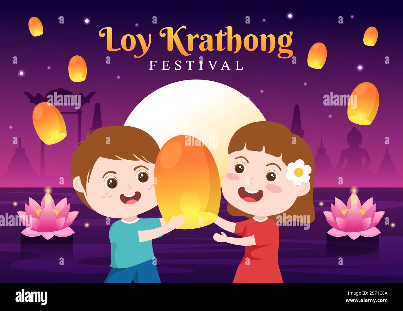 Loy Krathong Festival Celebration in Thailand Template Hand Drawn ...
