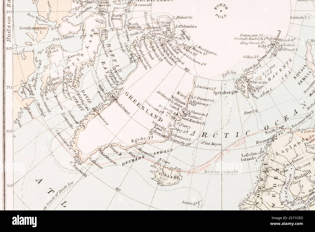 Old Atlas Greenland map [1890] of the polar region around which has ...