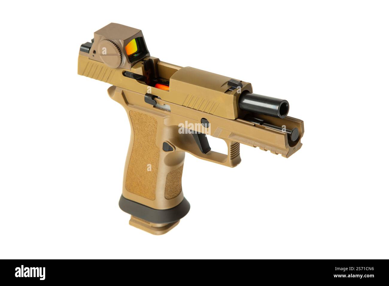 A tan-colored semi-automatic pistol with a red dot sight, exposed ...