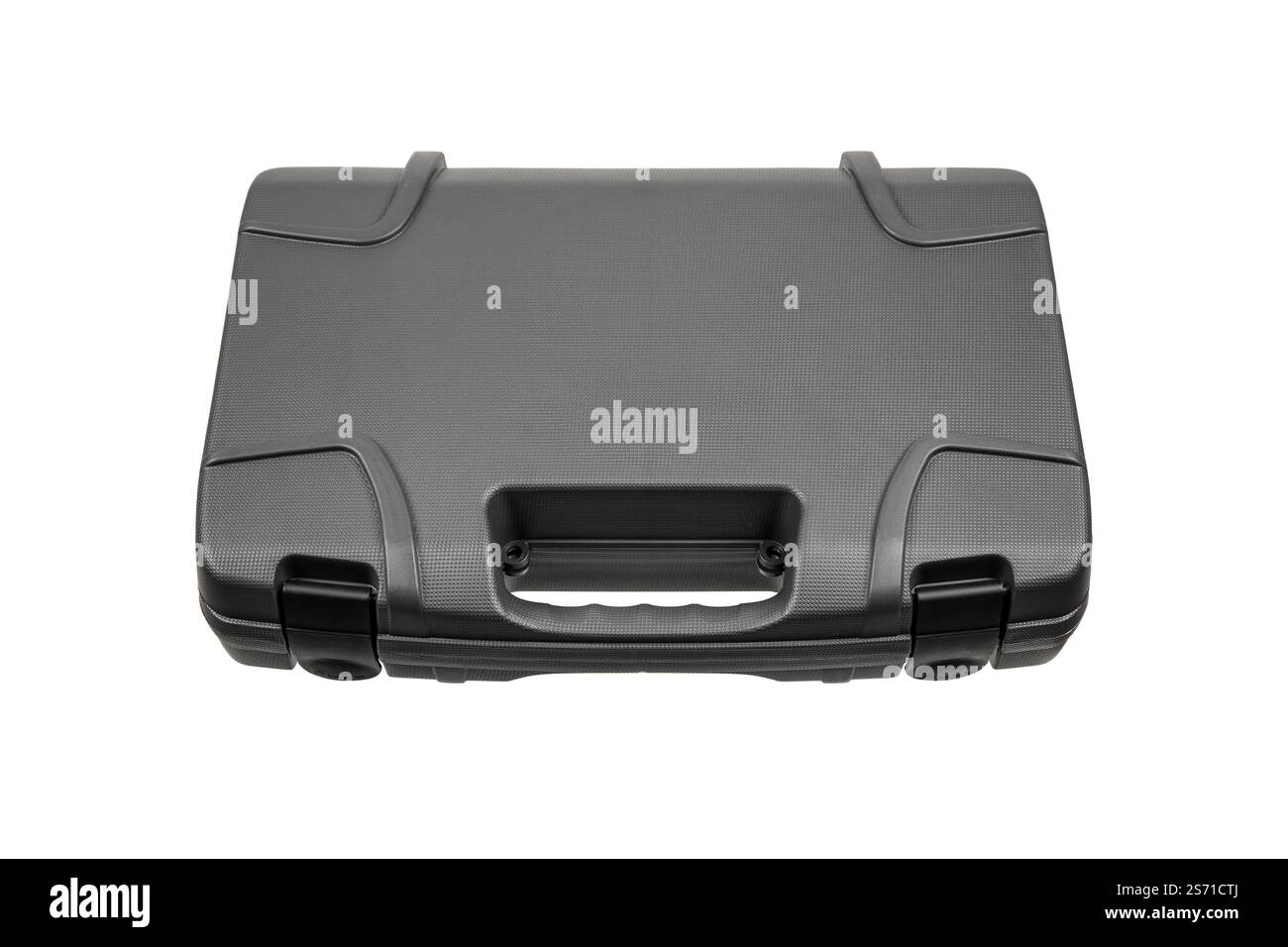 Gray, hard plastic suitcase with textured surface, handle and secure ...